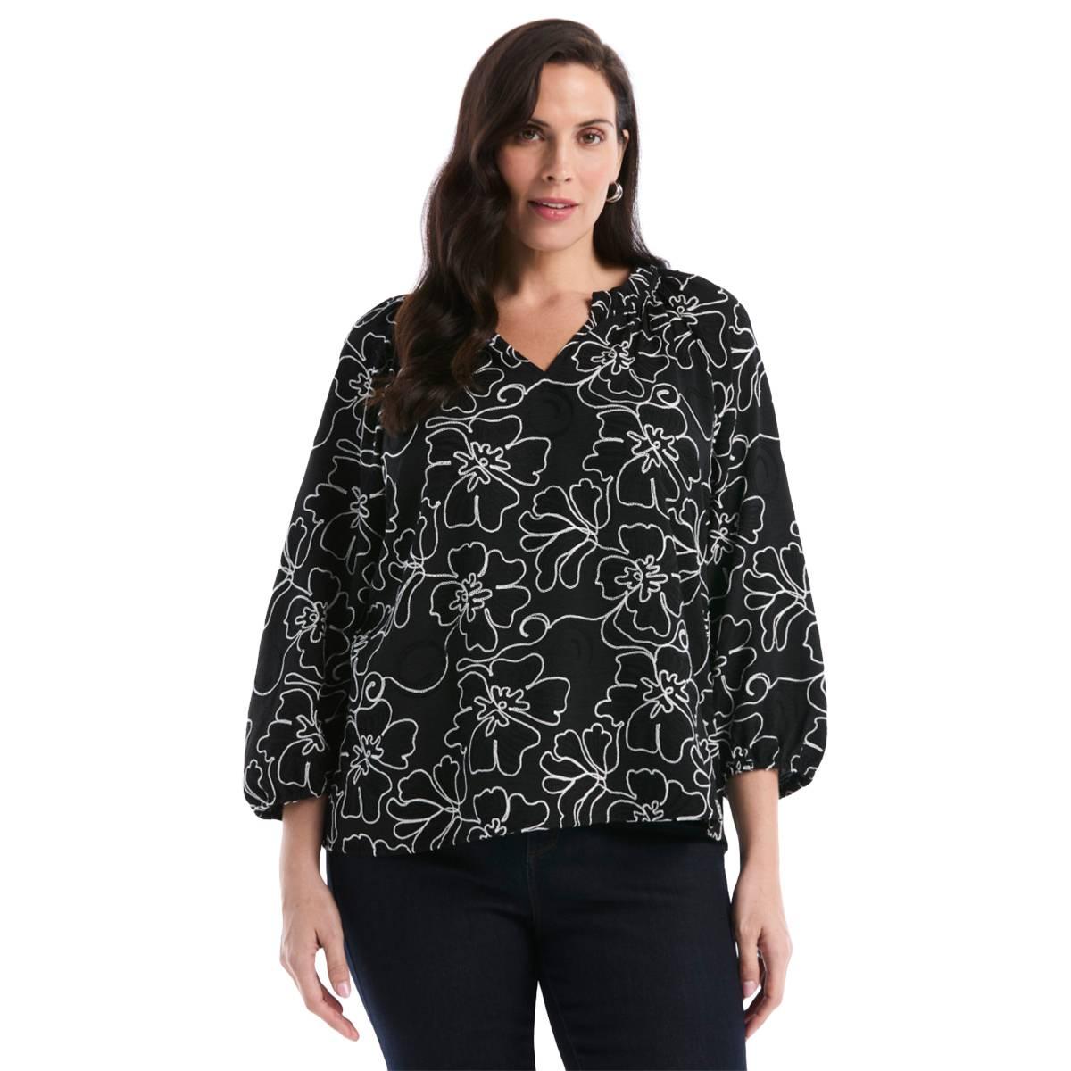 Rafaella Plus Size Floral Embroidered 3/4-Sleeve Blouse - Black