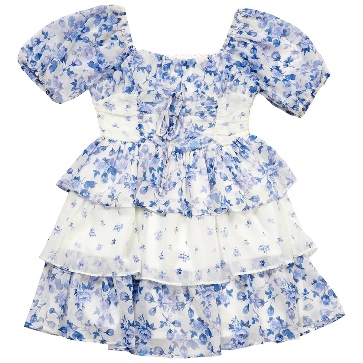 Rare Editions Girls 7-16 Mixed Print Ruched Puff-Sleeve Dress - Blue