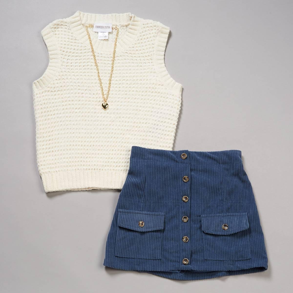 Rare Editions Big Girls 3 piece Knit Vest  Corduroy Skort and Necklace Set - Pink/Blue