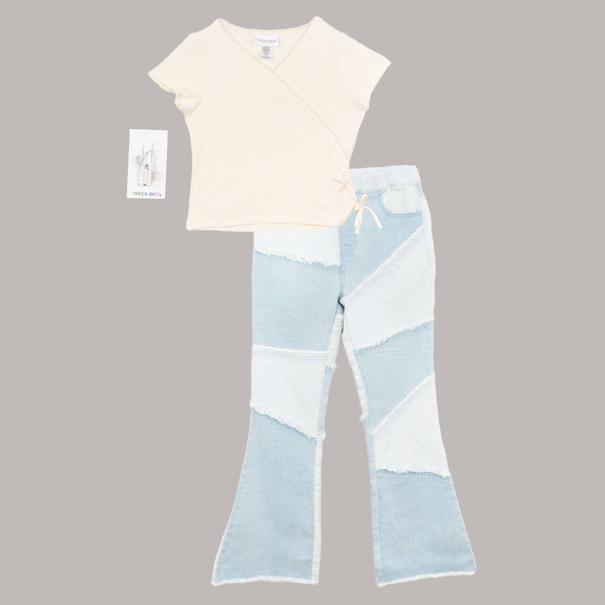 Click here for Girls (7-12) Tween Diva Faux Wrap Top with Patchwo... prices