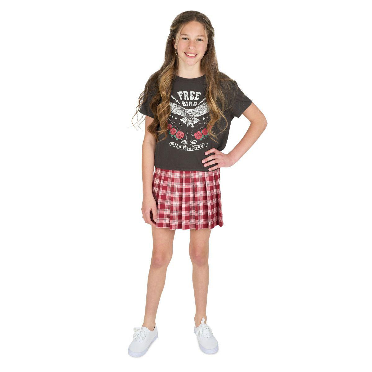 Girls (7-12) Tween Diva Free Bird Band Tee with Plaid Skort