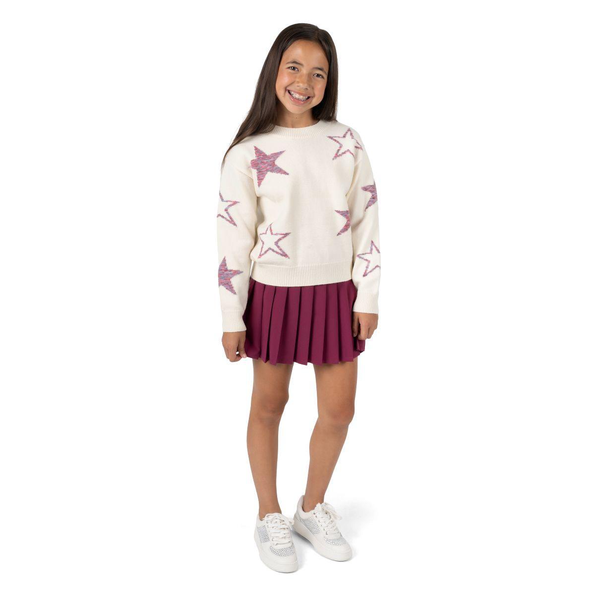 Rare Editions Big Girls 2-Piece Star Sweater and Pleated Skort Set - Burgundy/Light Pink