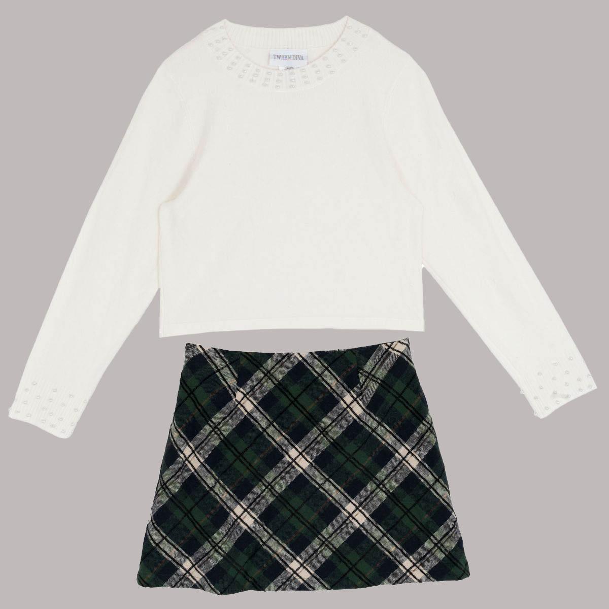 Click here for Girls (7-12) Tween Diva Faux Pearl Sweater & Plaid... prices
