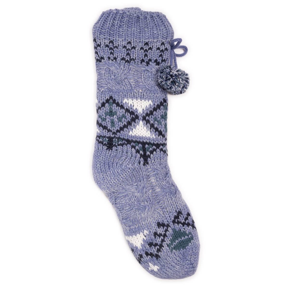 Muk Luks Womens Chunky Fairisle/Cable Mix Cabin Socks - Dark grey heather