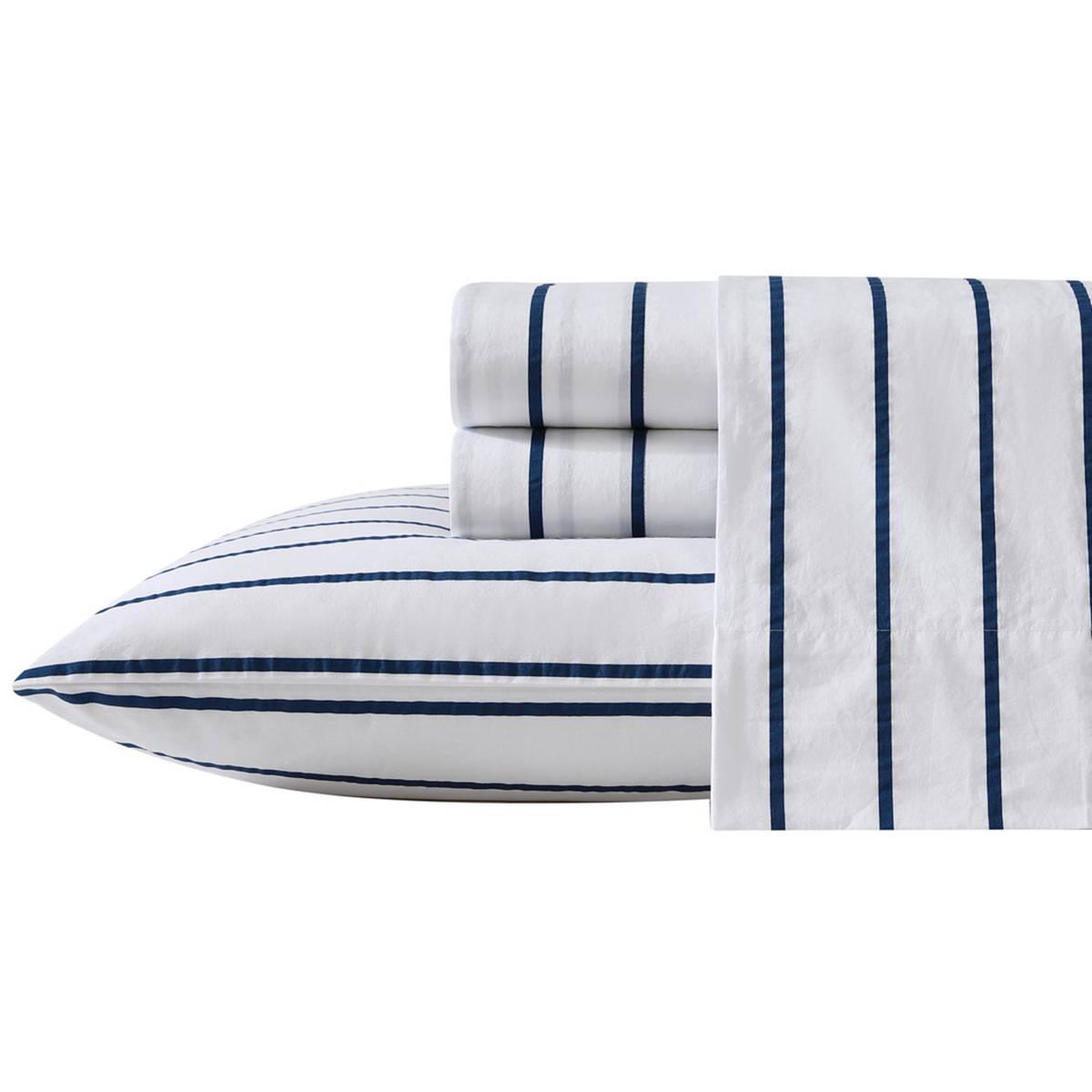 Closeout! Nautica Cotton Percale 3-Piece Sheet Set  Twin - Brenton Stripe Navy