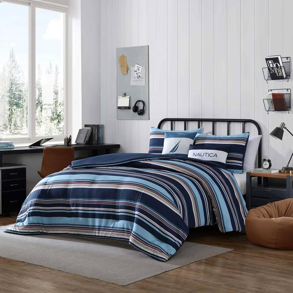 Nautica Colton Stripe 4 Piece Comforter Set  Twin/Twin Xl - Captains Blue