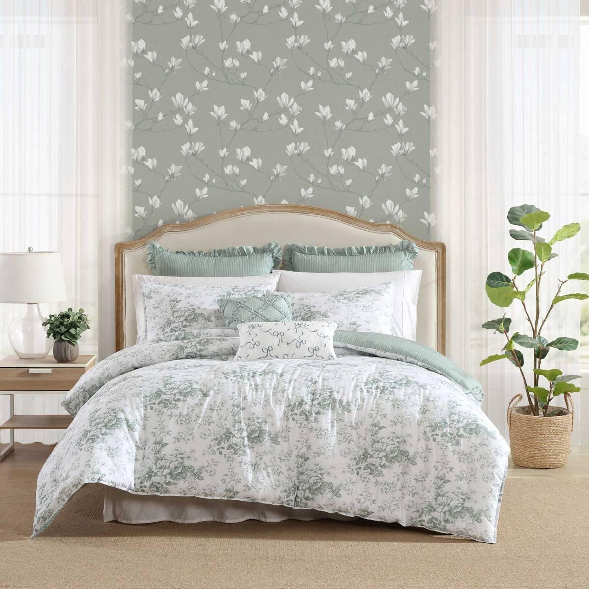 Laura Ashley Toile Delight Cotton 7-Pc. Comforter Bonus Set  King - Charcoal Gray  White