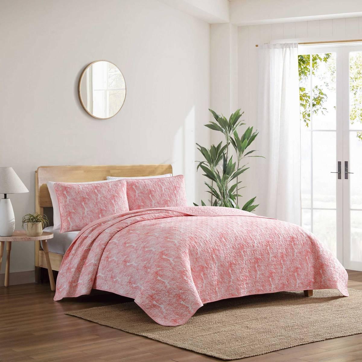 Closeout! Tommy Bahama Home Distressed Water Leaves 3-Pc. Quilt Set  King - Bright Coral