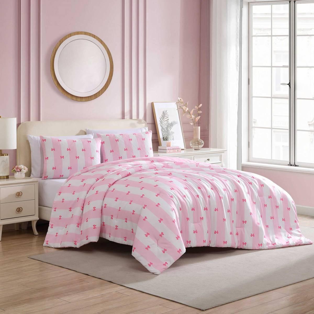 Betsey Johnson Bow Stripe Reversible 6-Pc. Comforter Set  Twin - White/Light Pink/Hot Pink