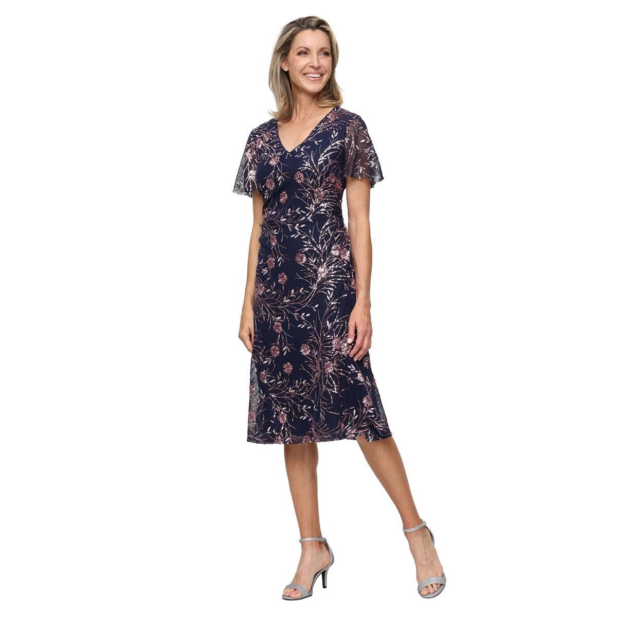 Click here for Petite SLNY Flutter Sleeve V Neck Sequin Floral A-... prices