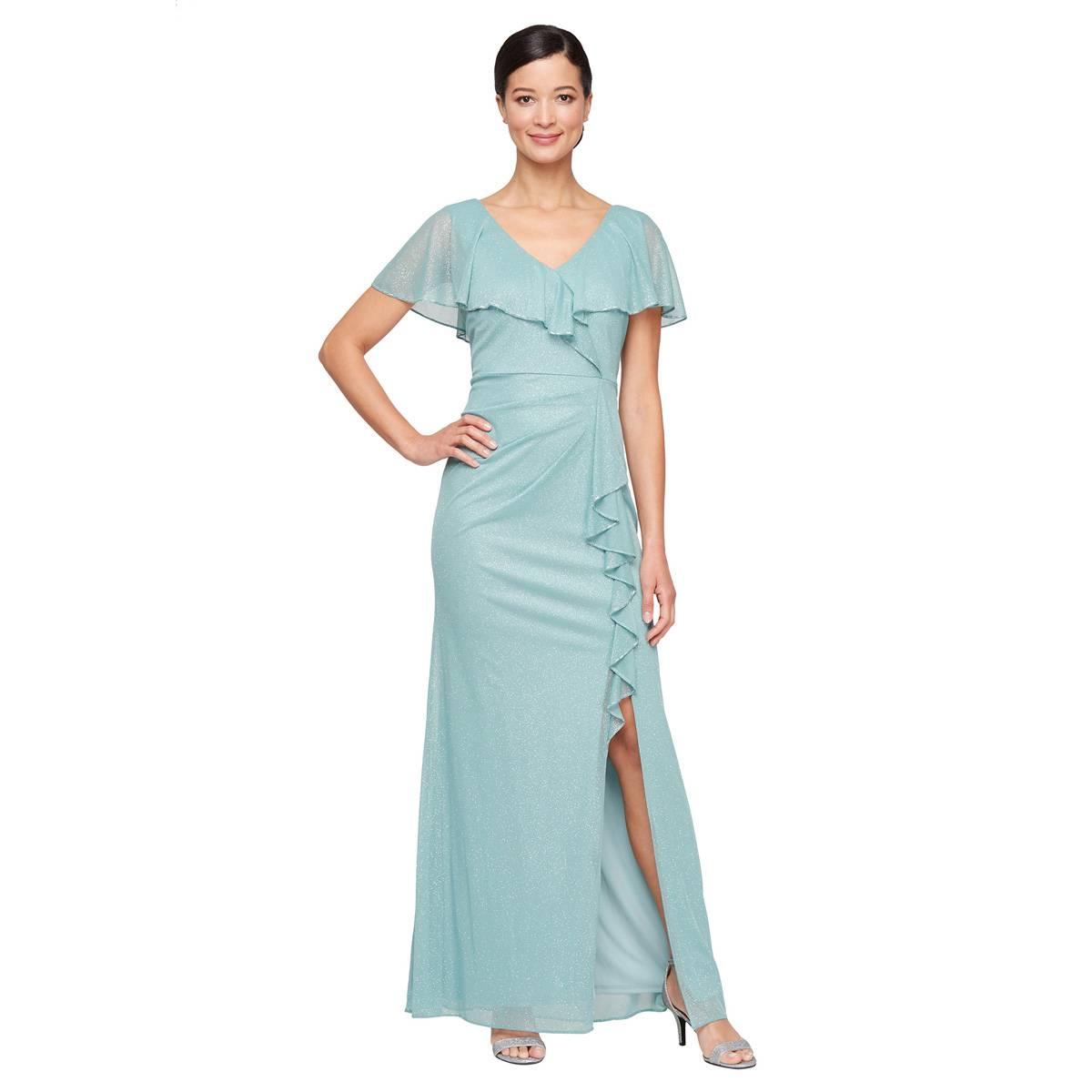 Click here for Petite SLNY Glitter Mesh Side Drape Evening Gown prices