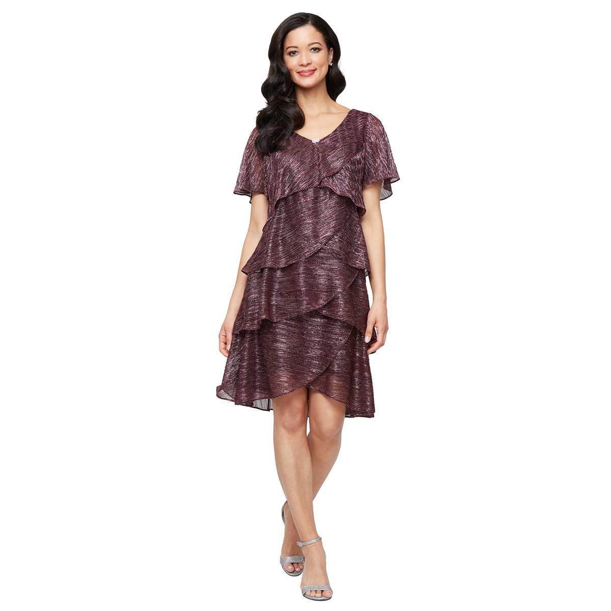 Click here for Petite SLNY Short Sleeve Tiered Shimmer Fit & Flar... prices