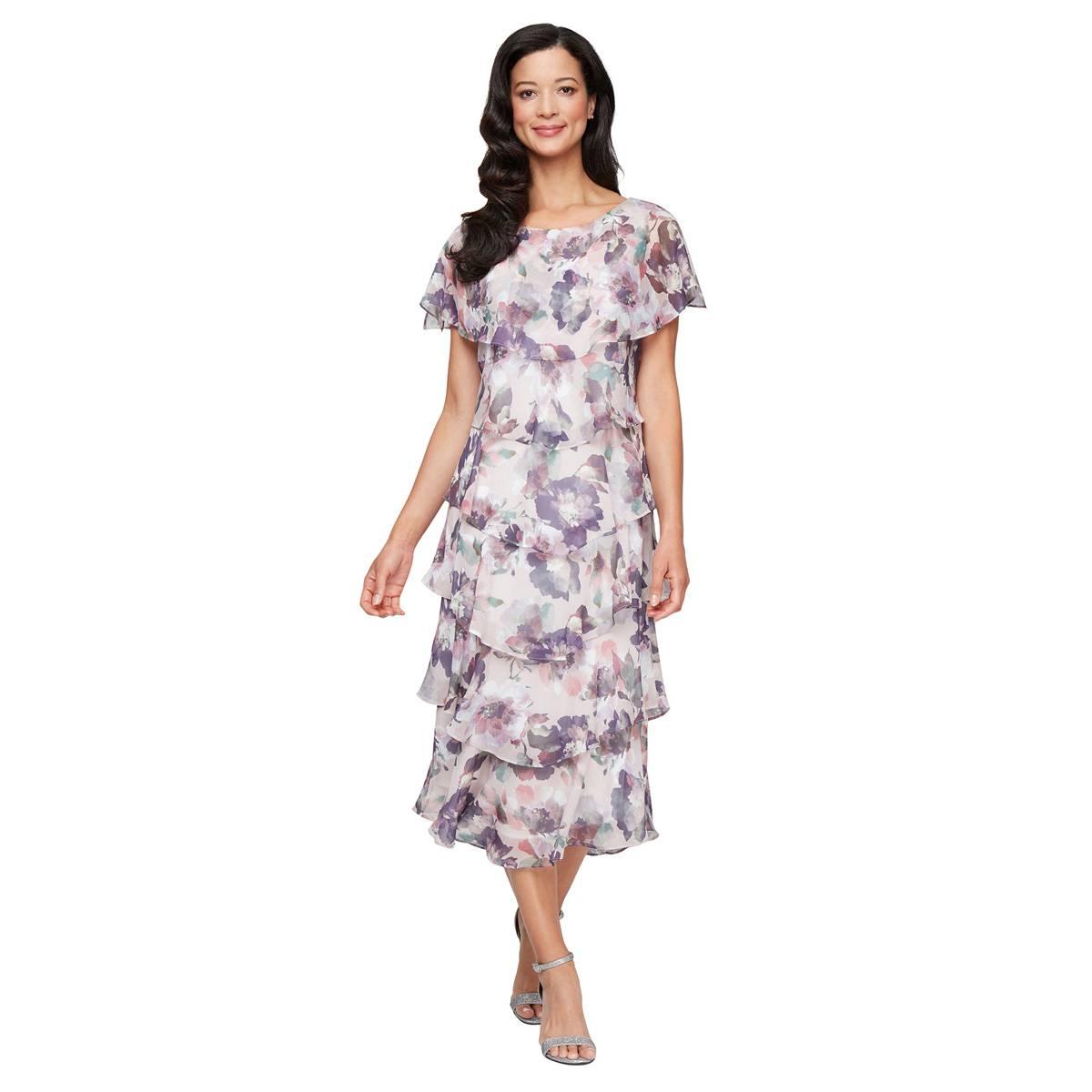 Click here for Petite SLNY Short Sleeve Floral Chiffon Tiered Mid... prices