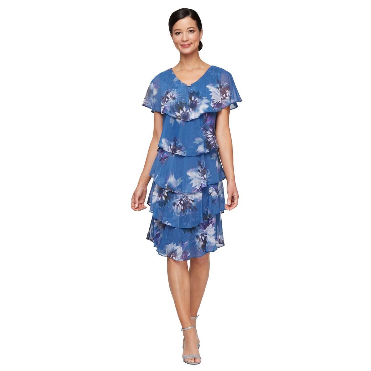 Click here for Petite SLNY Tier V-Neck Floral Chiffon Shift Dress prices