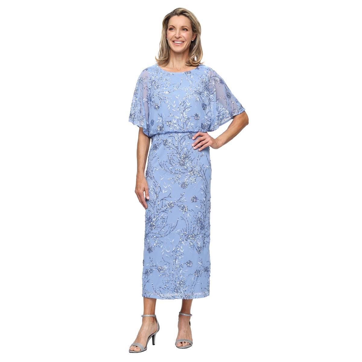Click here for Petite SLNY Blouson Sleeves Sequin Mesh Midi Dress prices