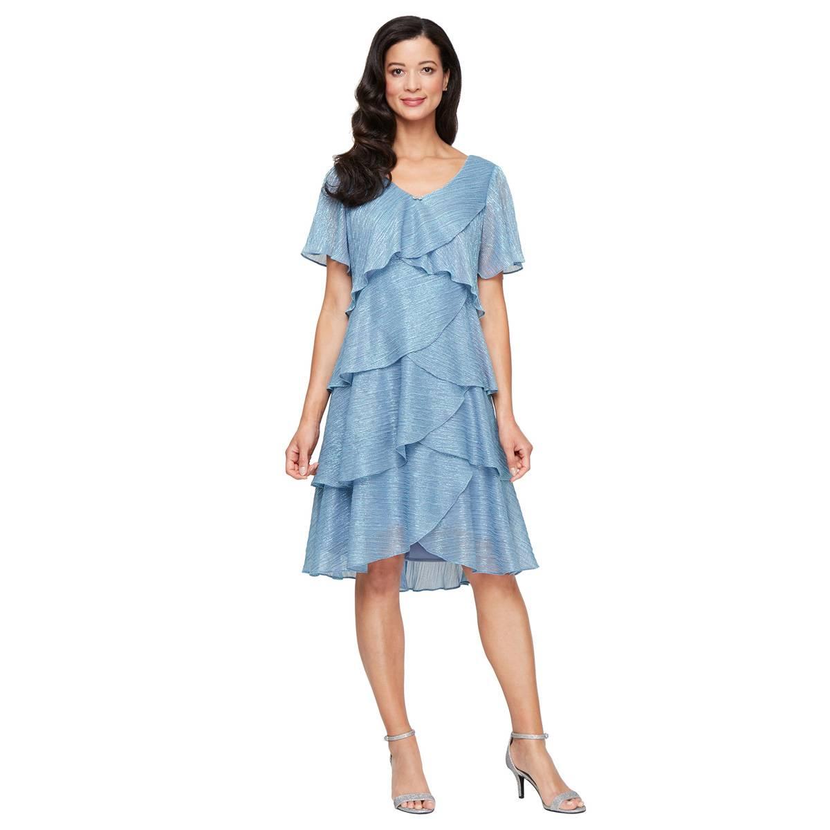 Click here for Womens SLNY Short Sleeve Tiered Shimmer Fit & Flar... prices