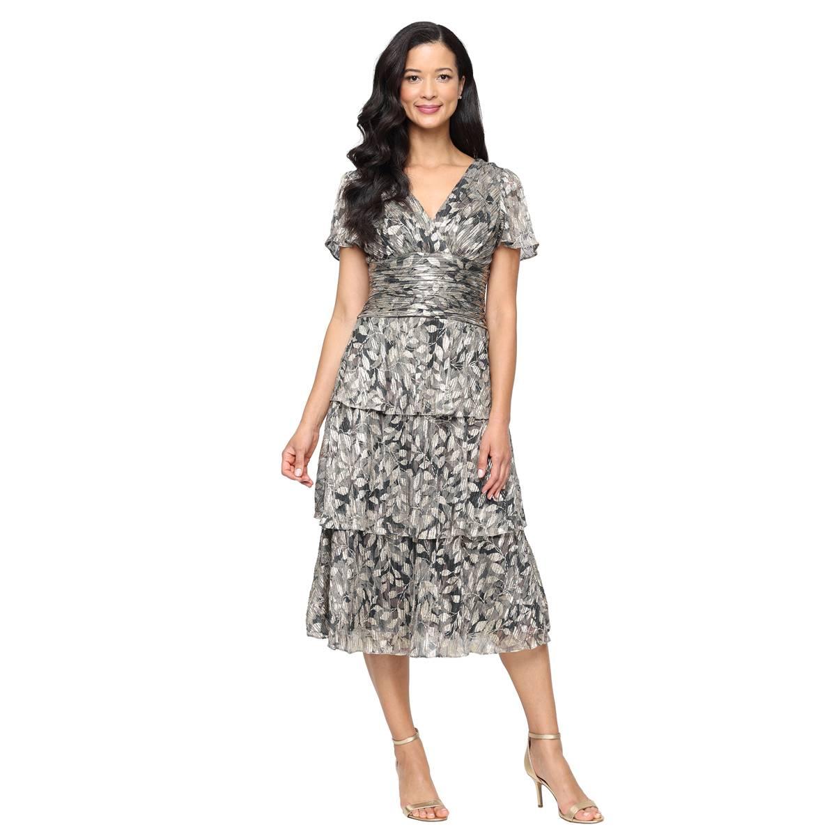 Sl Fashions WomensÂ Tea Length Printed Lurex Midi Dress - Black/Gold