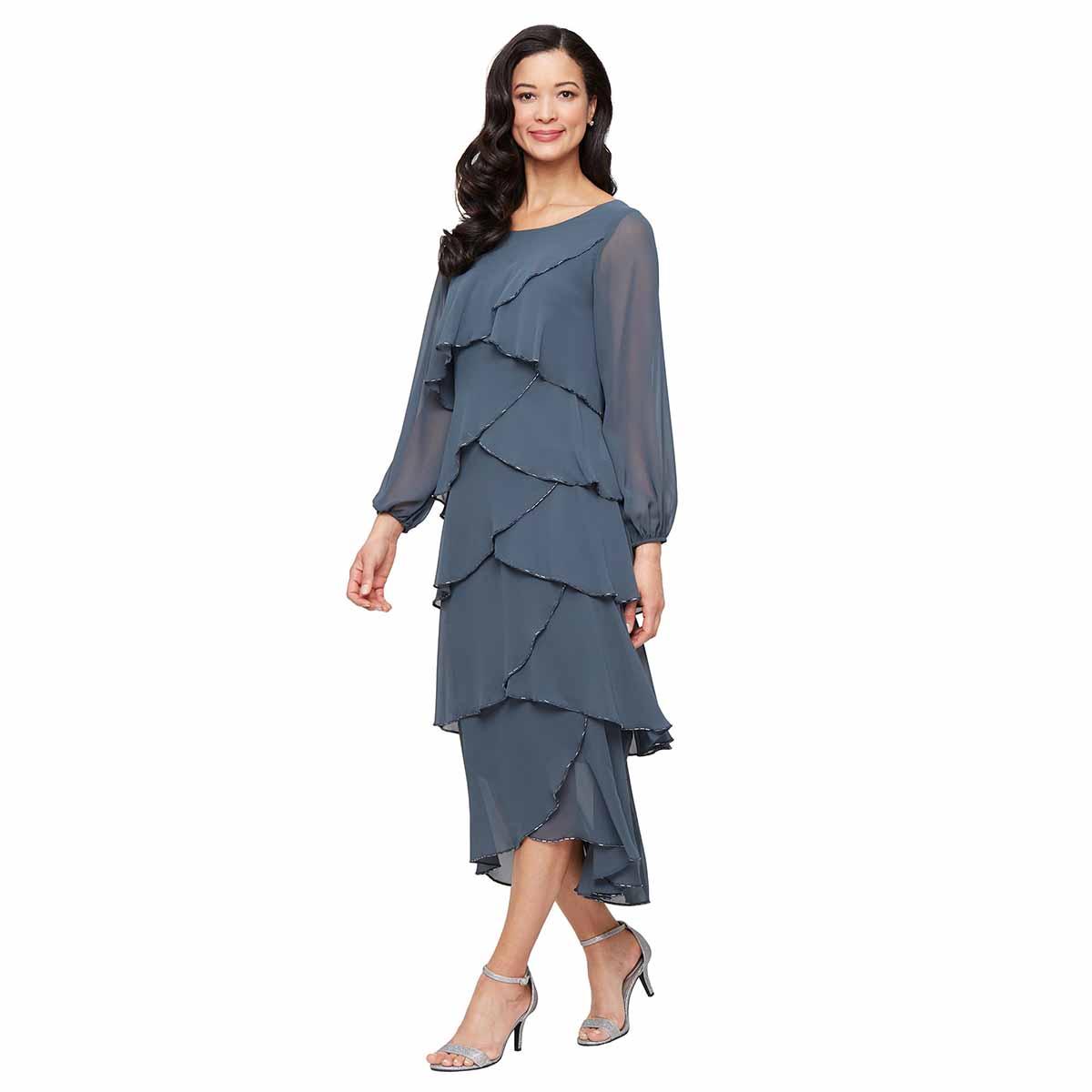Click here for Womens SLNY Long Sleeve Tier Beaded Trim Midi Dres... prices