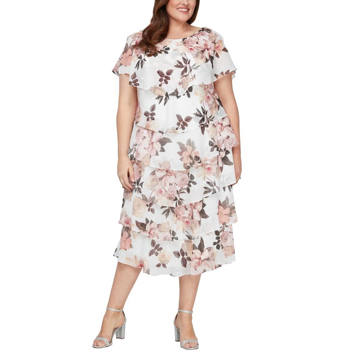 Sl Fashions Plus Size Printed Crew Neck Tea Length Dress - Ivory/blue