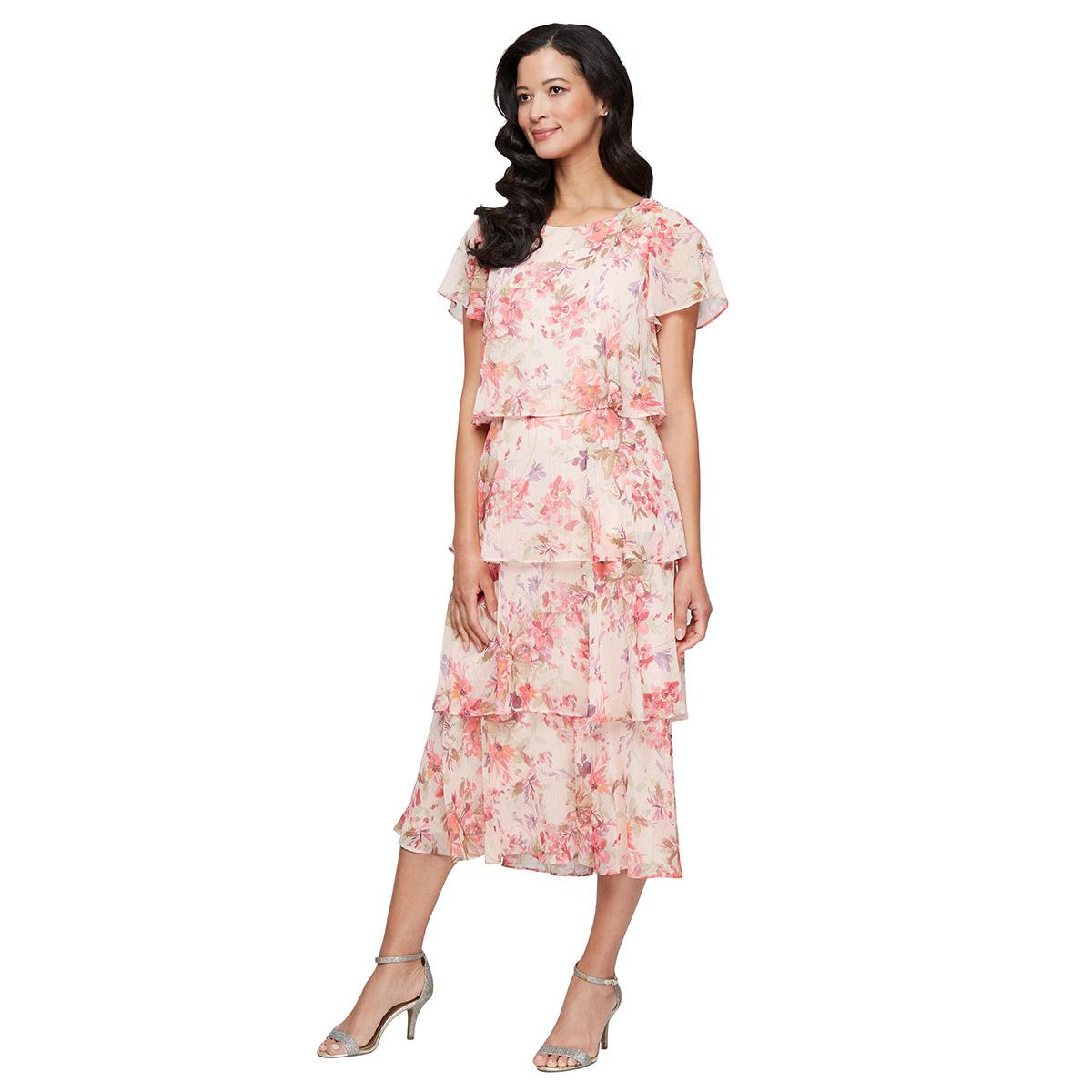 Womens SLNY Short Sleeve Floral Tier Midi Dress