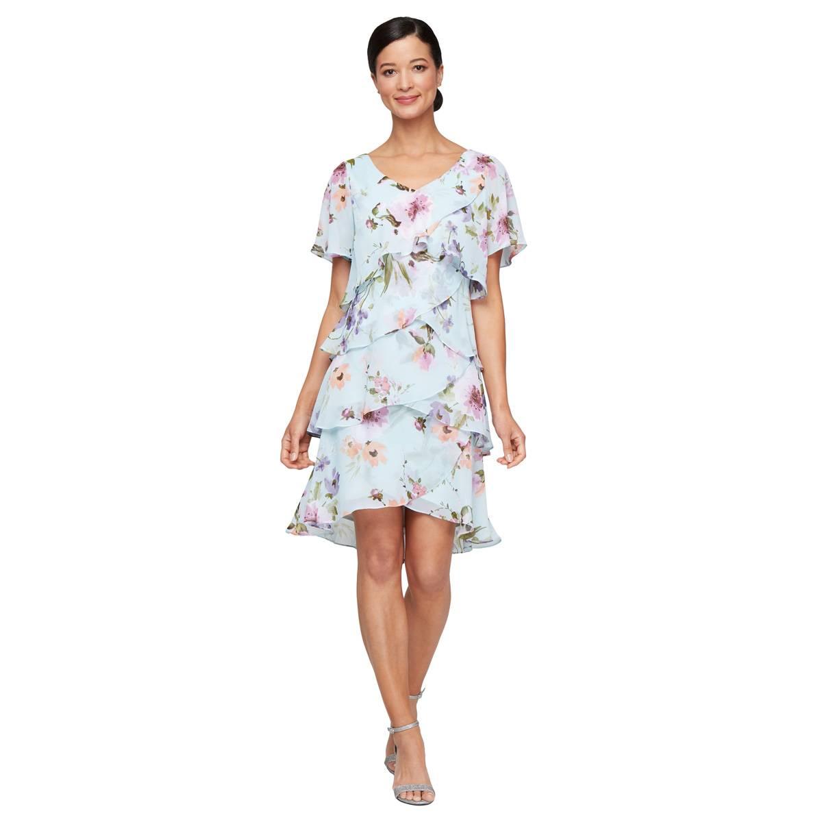 Click here for Womens SLNY Short Sleeve Floral Tier Sheath Dress prices