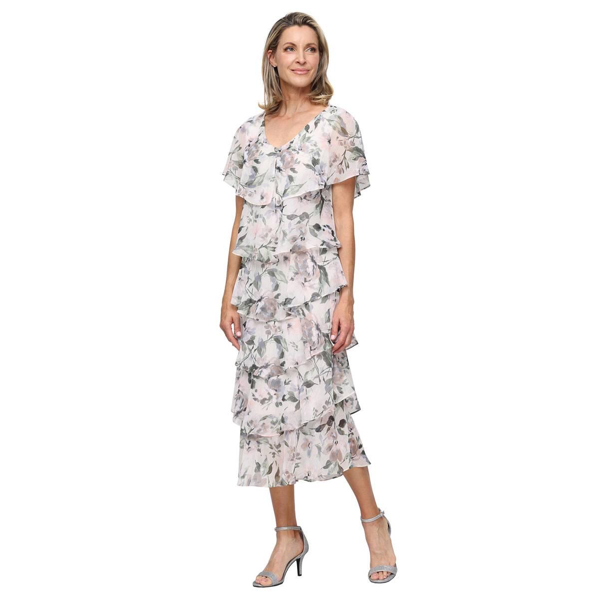 Click here for Womens SLNY Short Sleeve Floral Chiffon Tiered Mid... prices