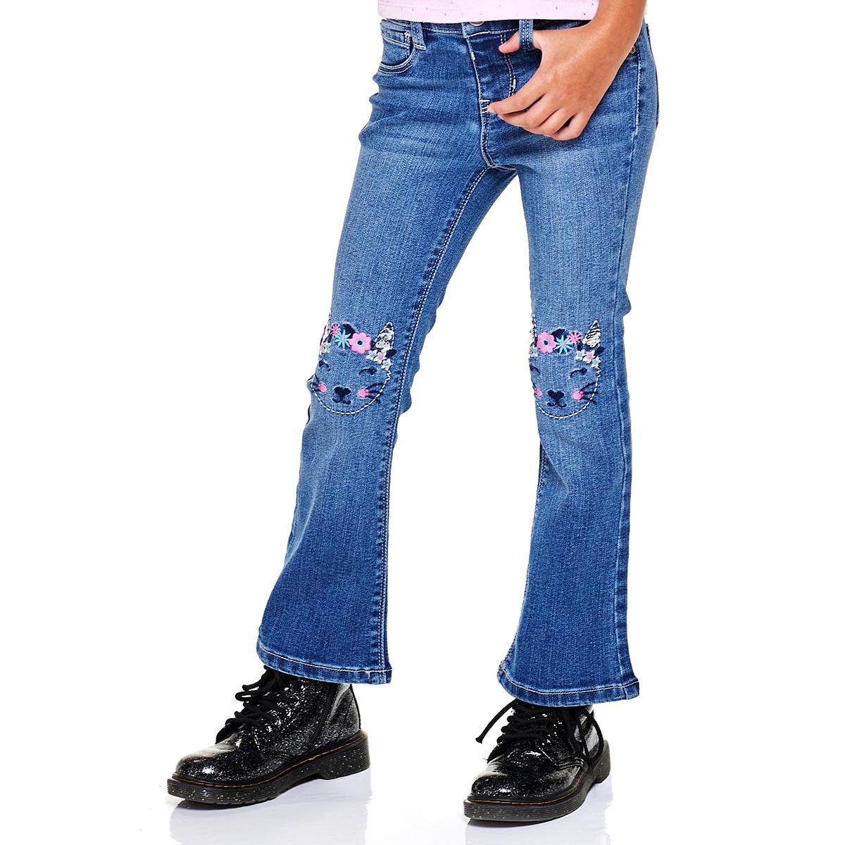 Click here for Girls (4-6x) Squeeze Cat Embroidered Knee Flare Je... prices