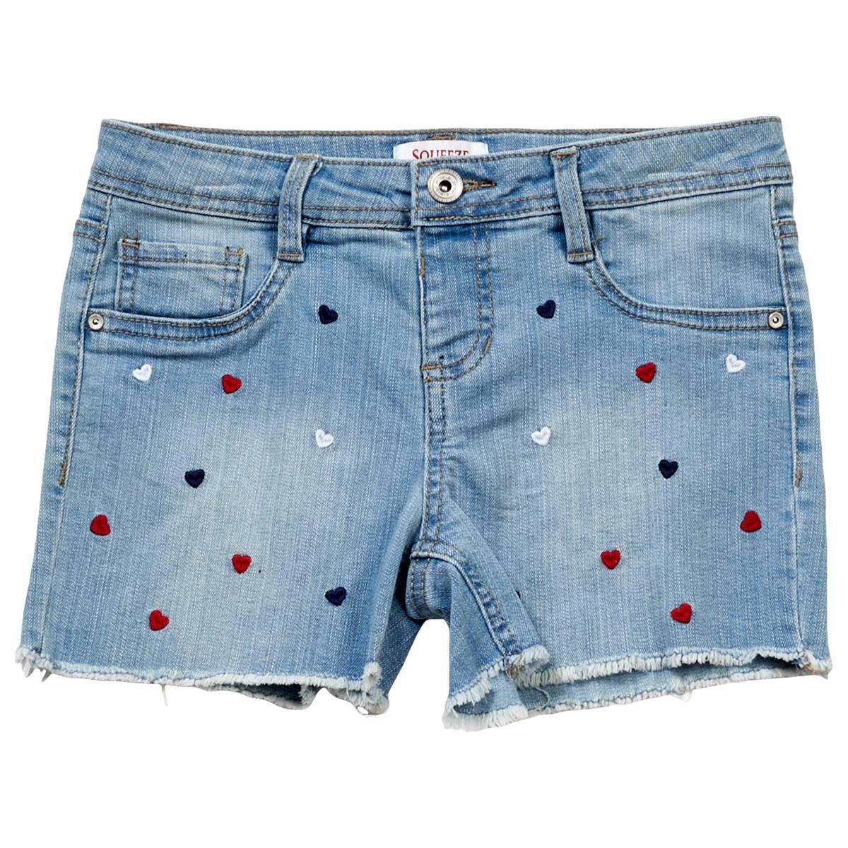 Click here for Girls (7-12) Squeeze Americana Hearts Fray Denim S... prices