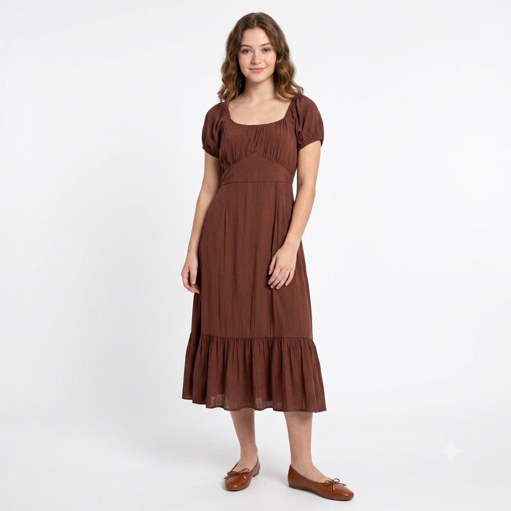 Click here for Juniors Angie Puff Sleeve Gauze Double Scoop Midi... prices