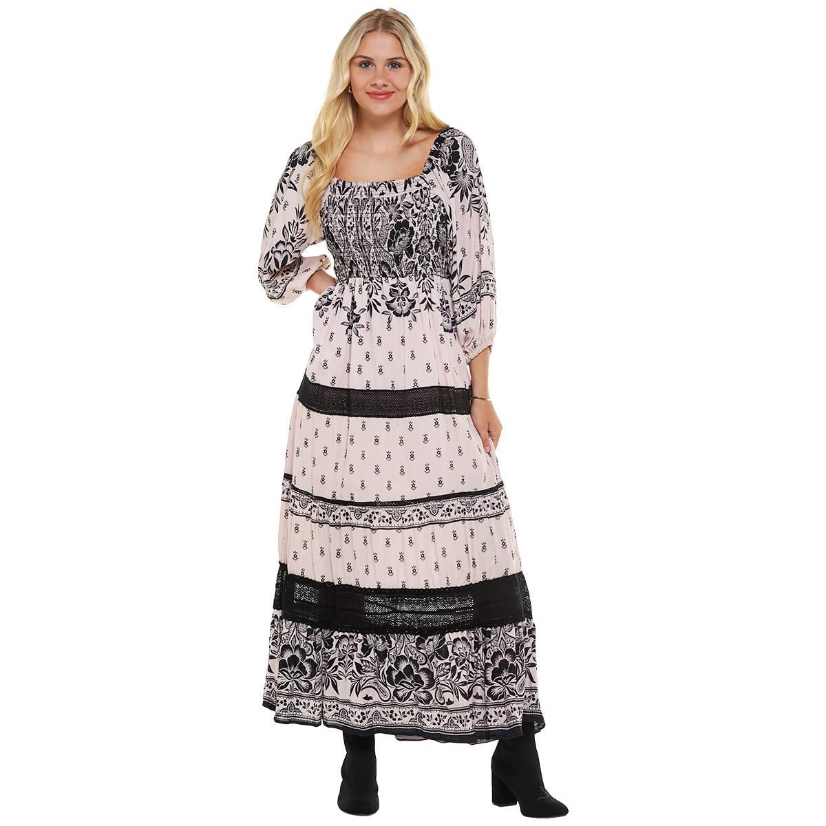Click here for Juniors Angie 3/4 Sleeve Smock Bodice Mix Print Mi... prices