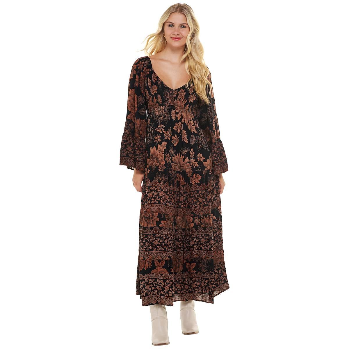 Juniors Angie Long Sleeve V-Neck Boho Midi Dress
