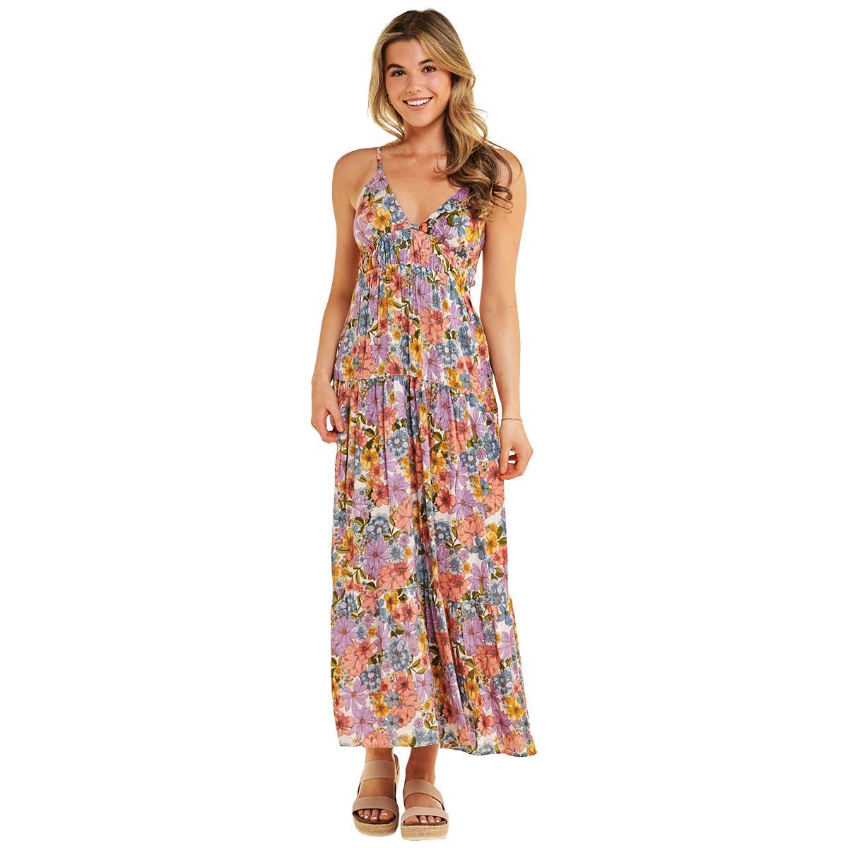 Click here for Juniors Angie Smocked Bodice V-Neck Floral Tier Ma... prices