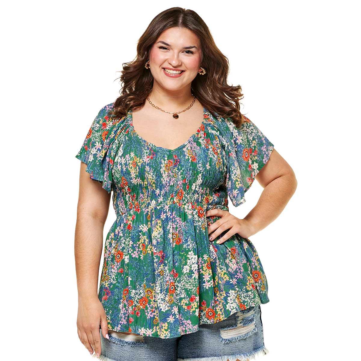 Click here for Juniors Plus Angie Floral Smock V Front Peasant To... prices
