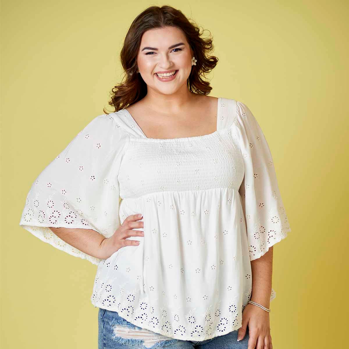 Click here for Juniors Plus Angie Eyelet Square Neck Bodice Top prices
