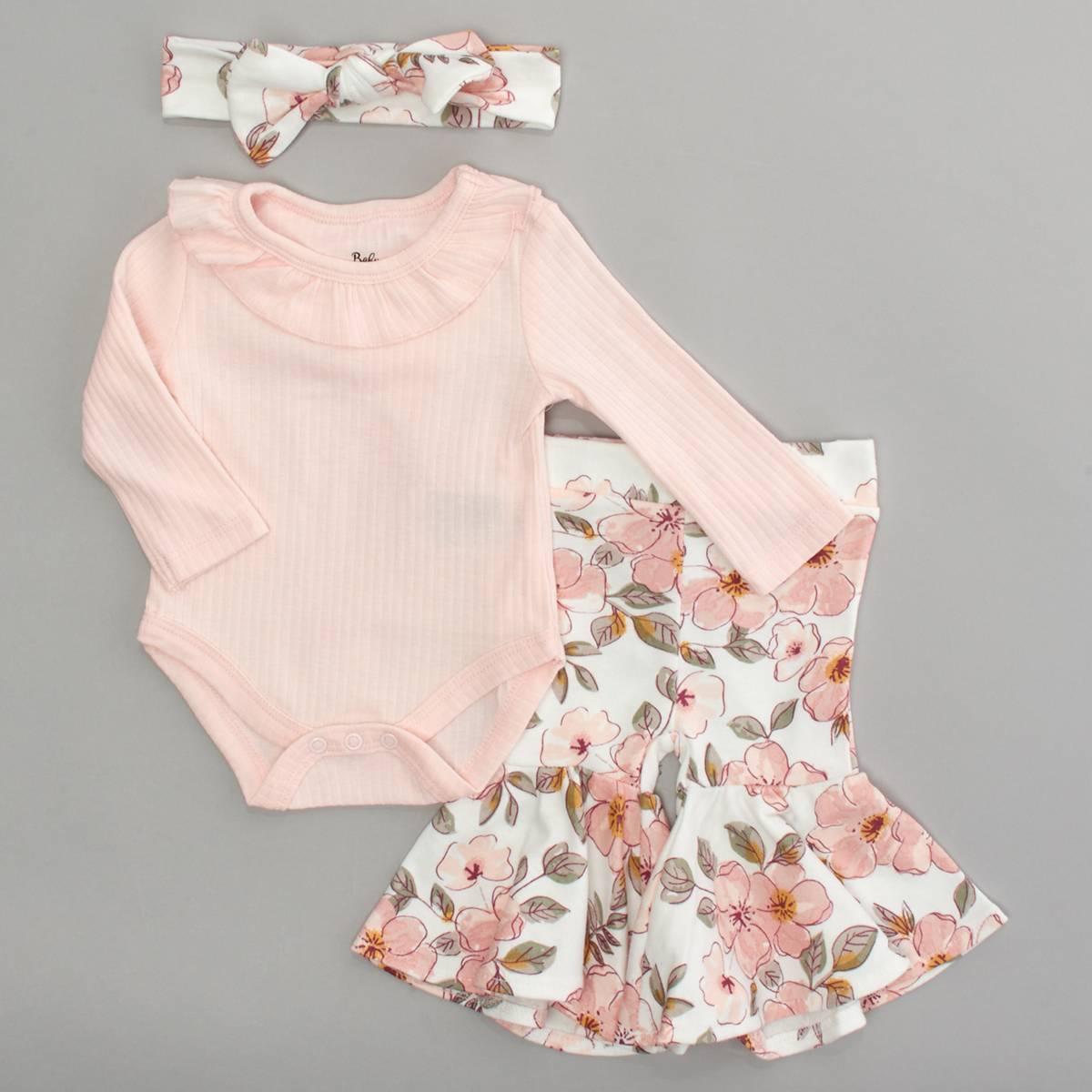 Baby Essentials Baby Girl Bodysuit  Floral Bell Bottom Pant & Headband  3-Piece Set - Pink