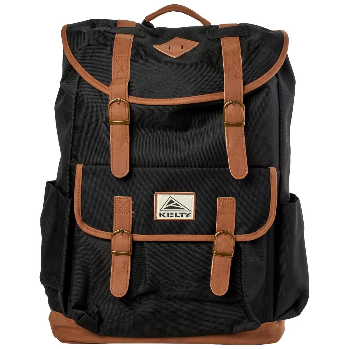 AD Sutton Kelty Flap Drawstring Backpack with Faux Leather Trim  One Size  Black
