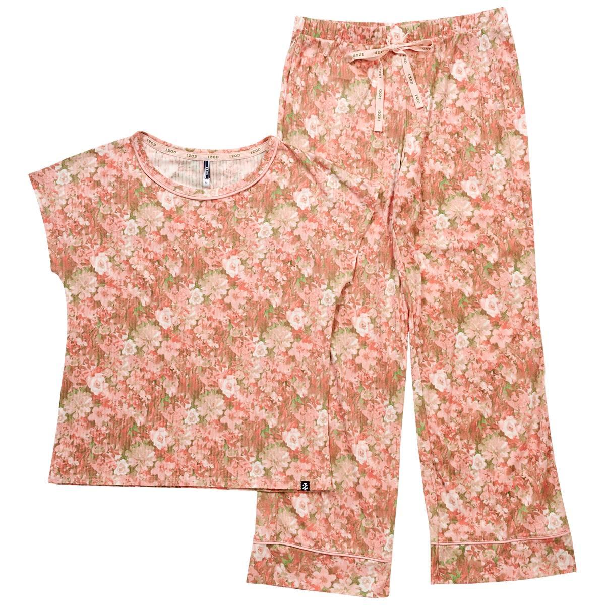 Plus Size IZOD Short Sleeve Wide Rib Brushed Flowers Pajama Set