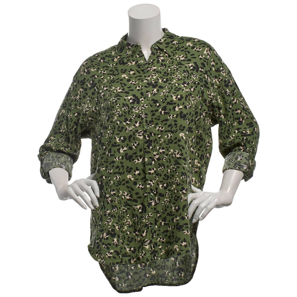Gloria Vanderbilt Womens Amanda Floral-Print Oversized Shirt - Lt Frontier Green - Tracing Flowers
