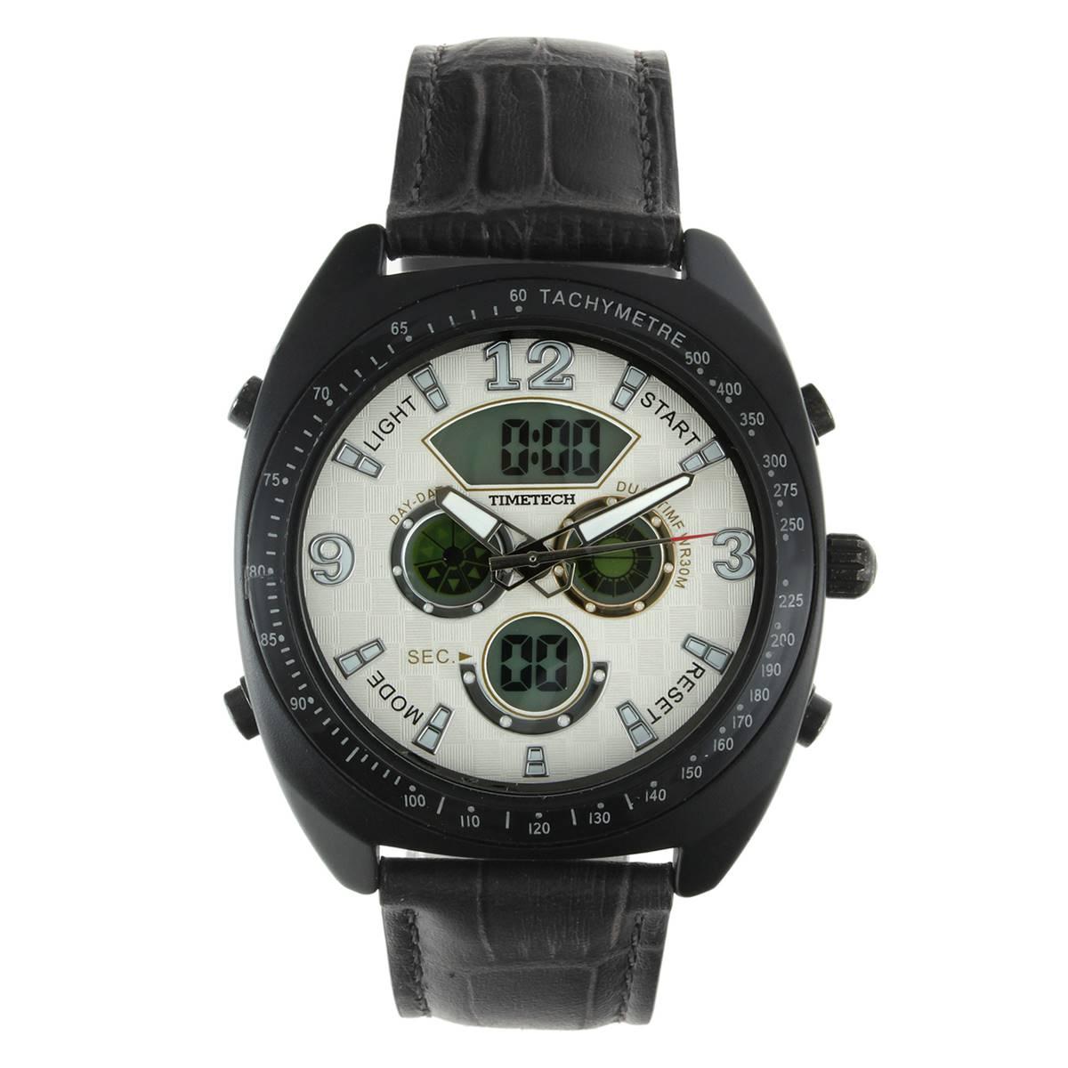 Timetech Mens Sport Multi-Function Tachymeter Wrist Watch with Matching Leather Band - Grey