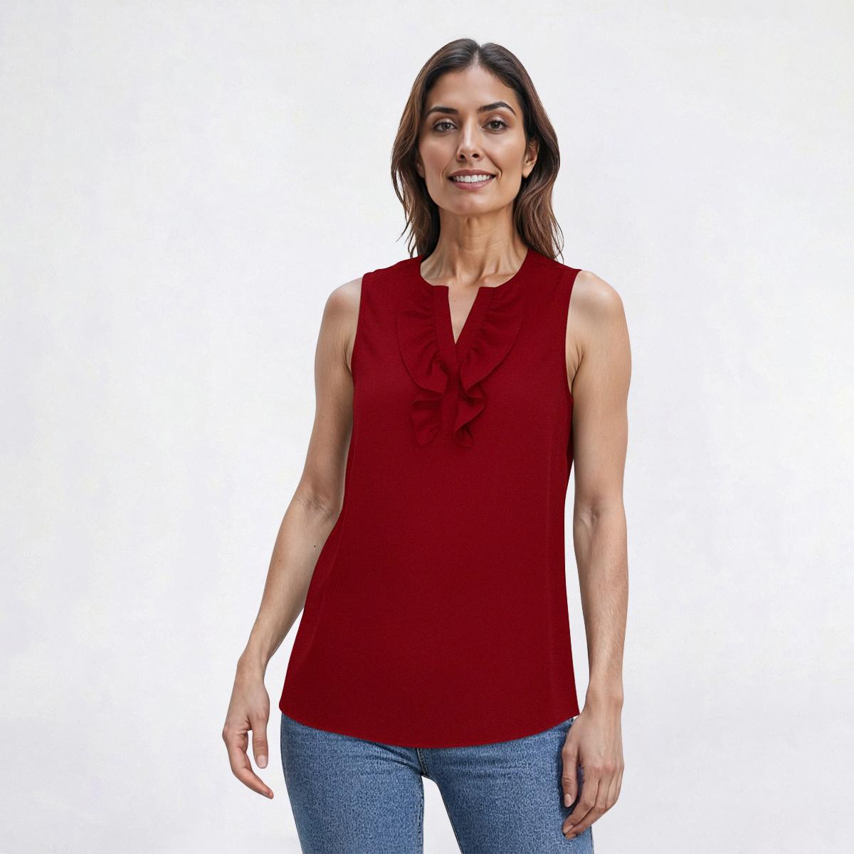 Click here for Petite Kasper Sleeveless Split Neck Ruffle Front S... prices