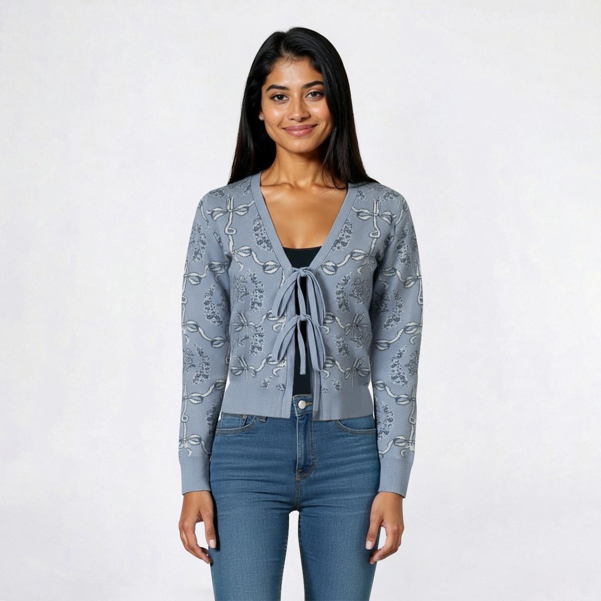 Click here for Juniors Derek Heart Jacquard Bow Double Tie Front... prices