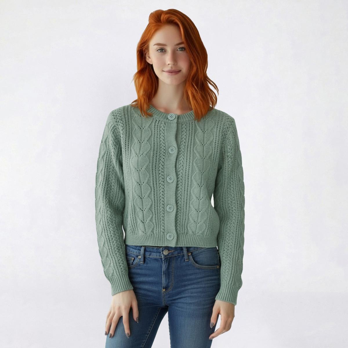 Click here for Juniors Pink Rose Cloud Cable Knit Crew Neck Butto... prices