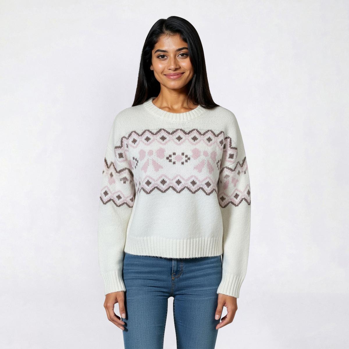 Click here for Juniors Pink Rose Chenille Fair Isle Bow Crew Neck... prices