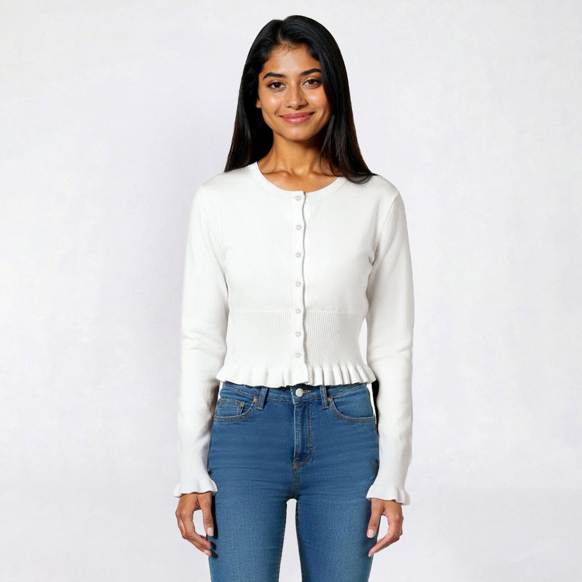 Click here for Juniors Love Tree Button Front Ruffle Hem Fitted C... prices