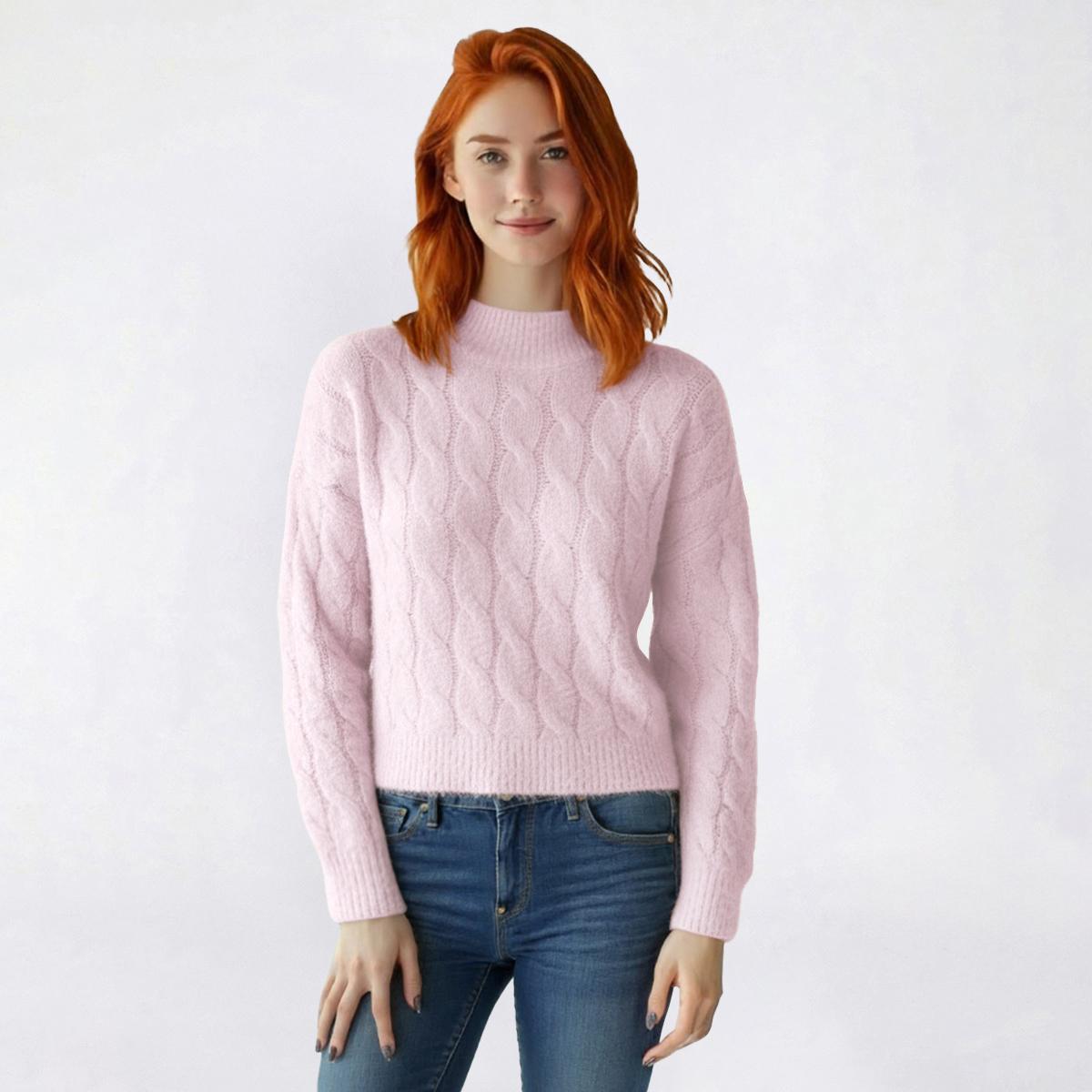 Click here for Juniors Pink Rose Fuzzy Feather Mock Neck Cable Kn... prices