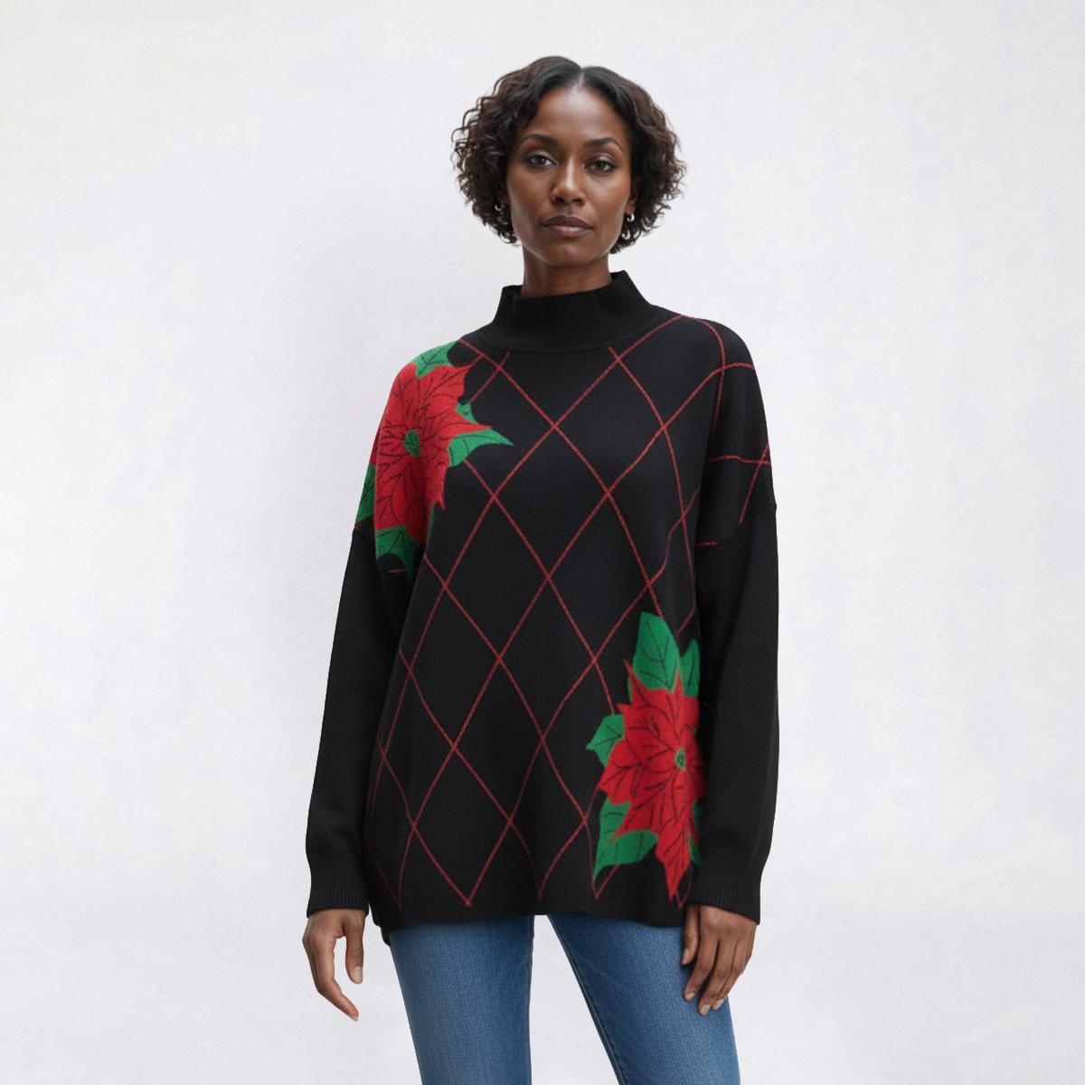 Click here for Plus Size Tint & Shadow Mock Neck Poinsettia Ponch... prices