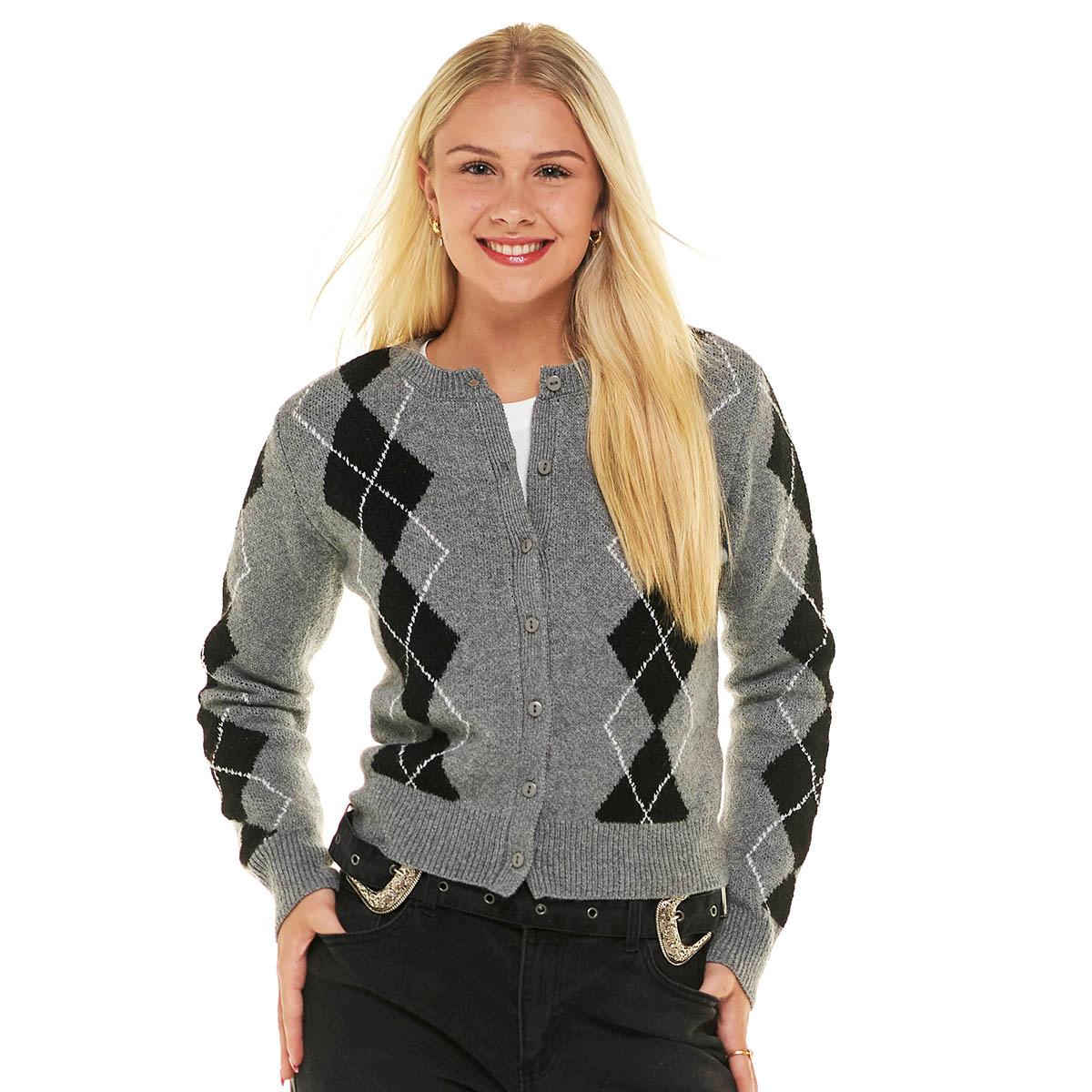 Click here for Juniors No Comment Crew Neck Button Front Argyle C... prices