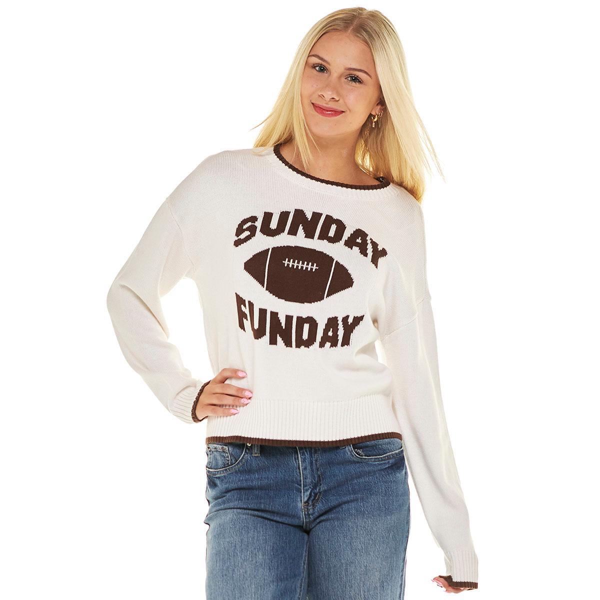 Click here for Juniors No Comment Sunday Funday Graphic Sweater prices