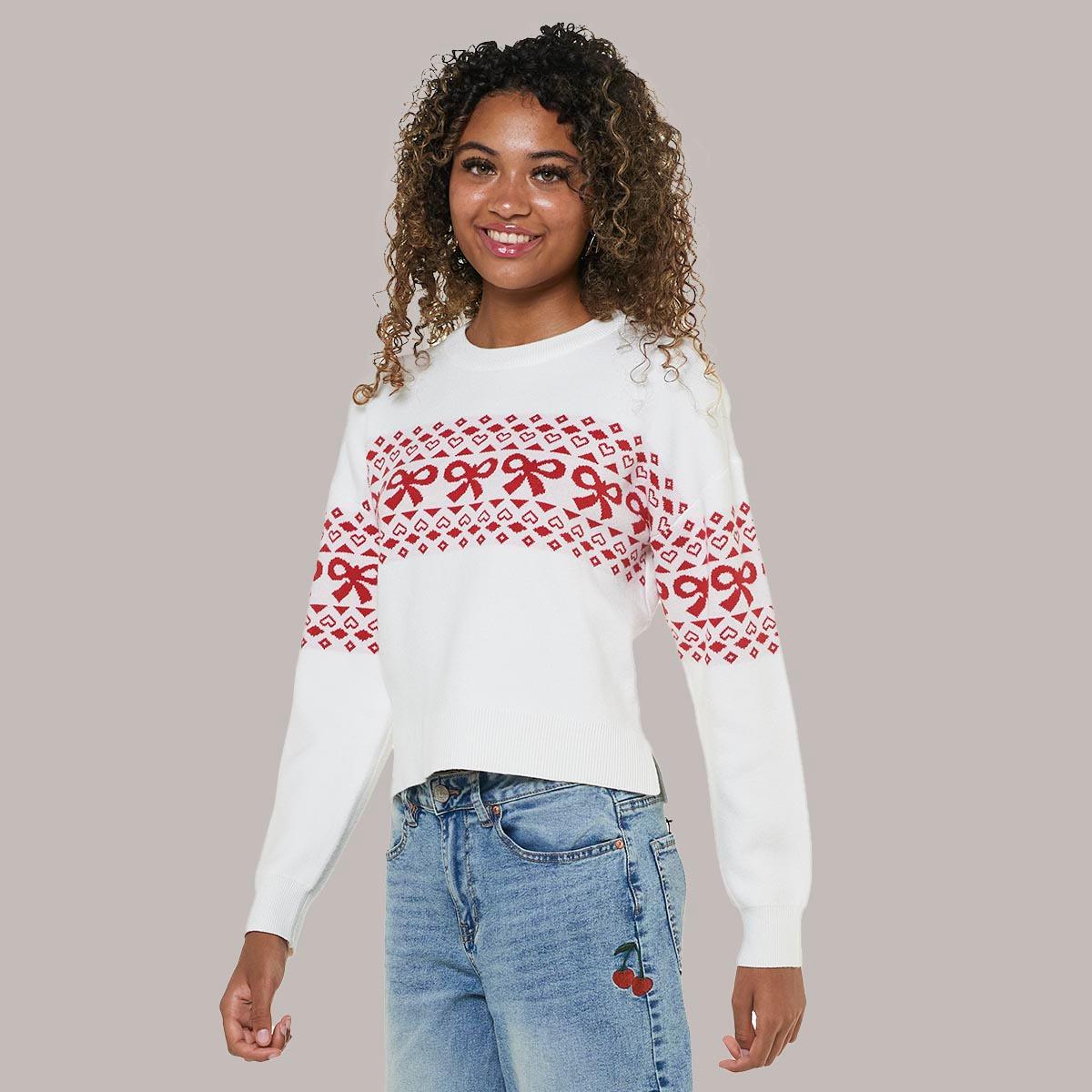 Click here for Juniors No Comment Nordic Bow Crew Neck Sweater prices