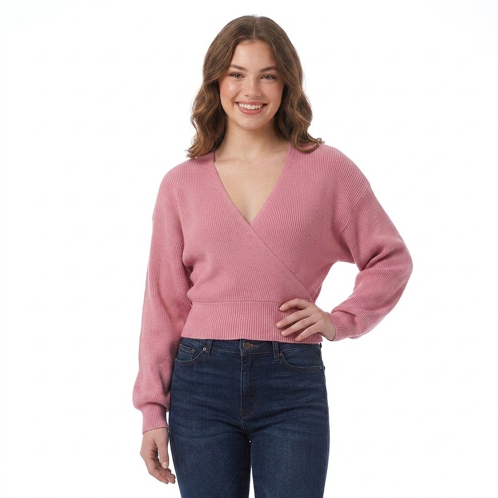 Click here for Juniors No Comment Surplice Wrap Rib Pullover Swea... prices